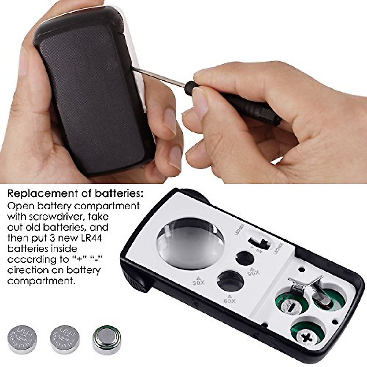 Jewelry Loupe Magnifier with LED Light, AFUNTA 30X,60X,90X Pocket Magnifying Glass for Rocks Stamps Coins Watches Hobbies Antiques Models Photos - Silver