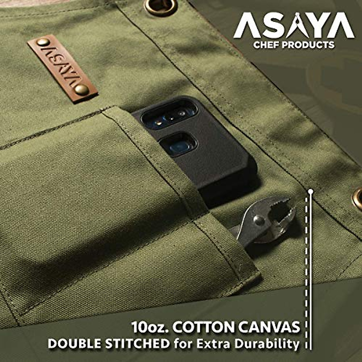 Asaya Chef, BBQ and Work Apron with Bottle Opener and Hand Towel - Durable 10oz Cotton Canvas, Brass Hardware and Cross Back Straps - For Men, Women, Grilling, and Cooking (Green)