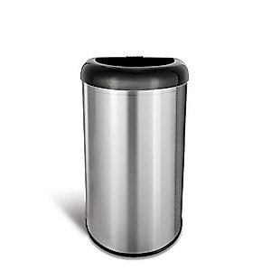 NINESTARS OTT-50-19BK Open Top Office Bathroom Trash Can, 13 Gal 50L, Stainless Steel Base (D Shape, Black Lid)