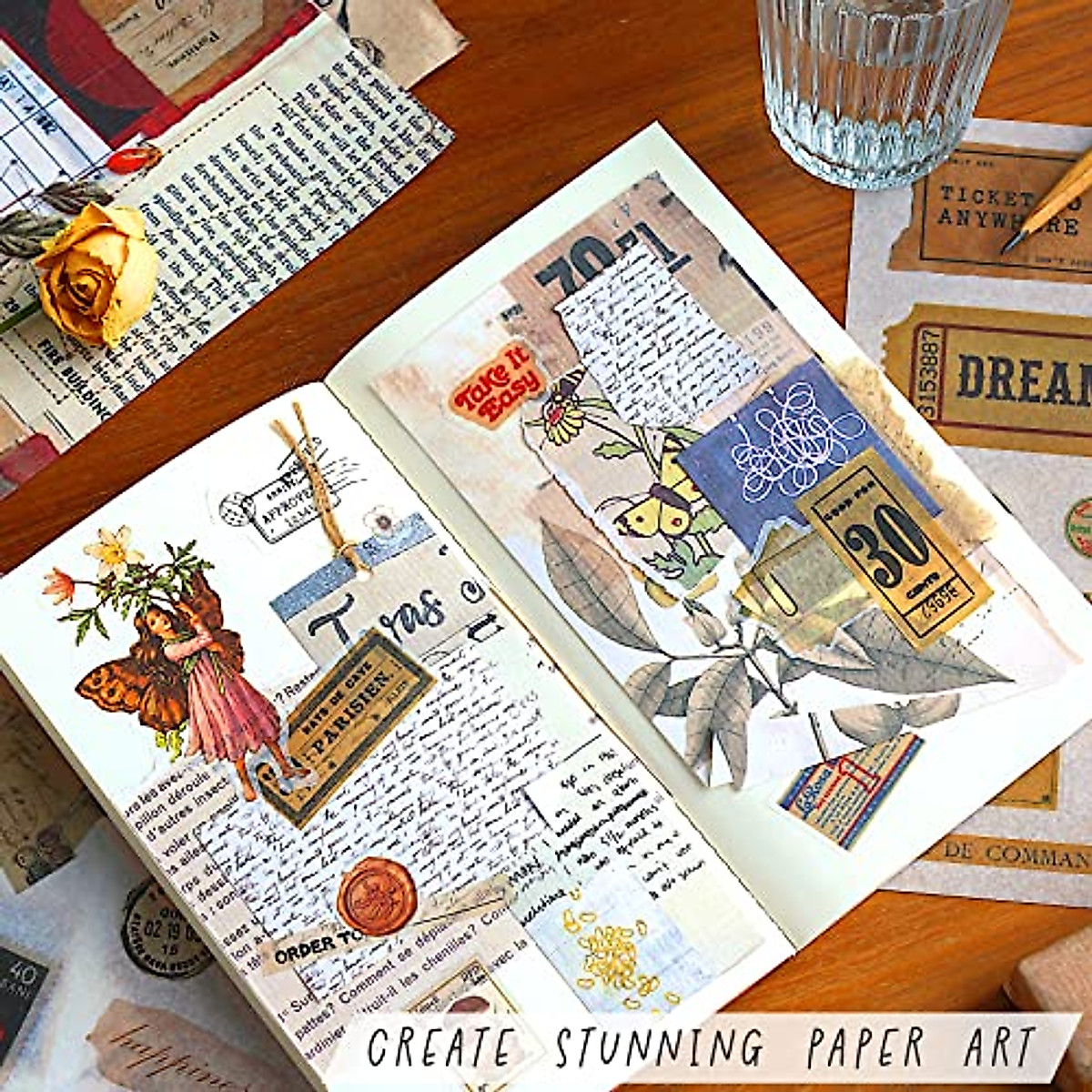 FAYWARE Vintage Washi Stickers for Journaling - Ephemera Sticker Book for Journaling with 414 Vintage Stickers & 20 Scrapbook Papers. Junk Journal Supplies, Scrapbooking Supplies for DIY Paper Crafts