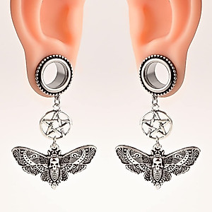 Atomhole 2 PCS Ear Gauges Cool Butterfly Dangle Hypoallergenic Stainless Steel Dangle Ear Plugs Tunnels Gauges Stretcher Pair Selling 2g 0g Piercing Body Jewelry (8mm(0G), Silver)