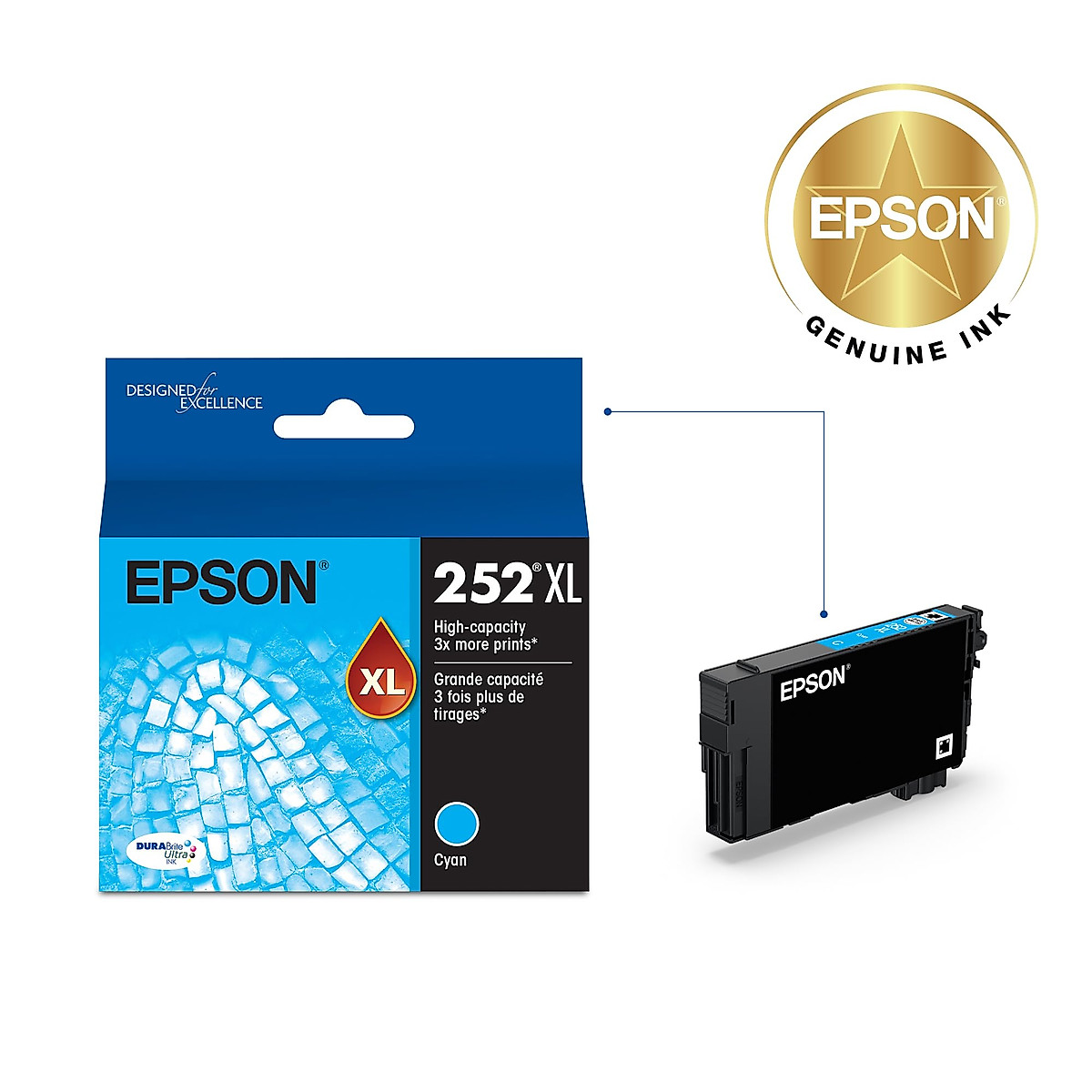 EPSON 252 DURABrite Ultra Ink High Capacity Cyan Cartridge (T252XL220-S) Works with WorkForce WF-3620, WF-3640, WF-7110, WF-7610, WF-7620, WF-7710, WF-7720, WF-7210