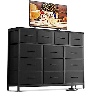 ODK Dresser with Charging Station, 57-Inch Long Dresser for Bedroom, Large Dresser TV Stand with 13 Storage Drawers, Fabric Dresser Chest of Drawers, Black