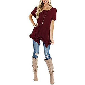 ETCYY NEW Plus Tunic Tops for Leggings for Women Ruffle Comfy Blouses Casual Shirts Ladies Summer Tops Wine