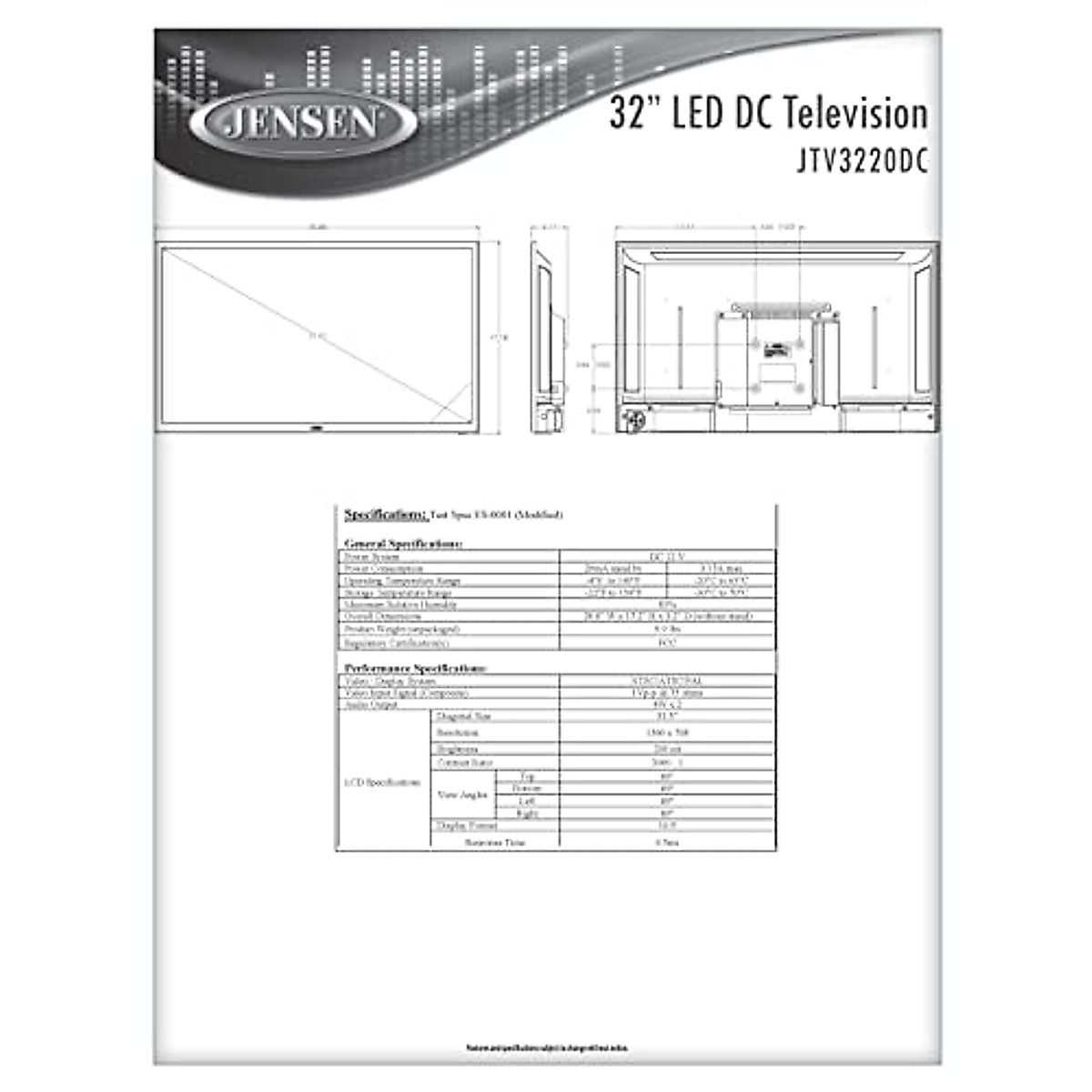 Jensen JTV3220DC 32" Inch Full HD 1366 x 768 LED Television with Integrated HDTV ATSC Tuner HD Ready 1080p, 720p, 480p, 2x HDMI Inputs, JCOM & CEC Function, VESA 100mm x 100mm Mounting Pattern, 12V DC