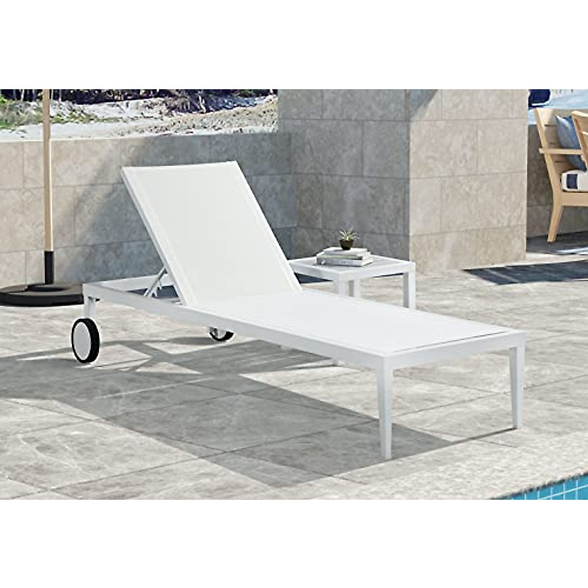 Meridian Furniture 373White Nizuc Collection Modern | Contemporary Resilient Mesh Water Resisting Fabric Upholstered Outdoor Patio Adjustable Sun Lounge Chair, 80.5" W x 29" D x 13.5" H, White