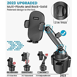 APPS2Car Phone Mount for Car Cup [Upgraded Version], Multi-Pivots Transmission Shaft Long Arm Cup Holder Phone Mount Solid Phone Holder Car Truck Compatible with All Phones iPhone Thick Case Friendly