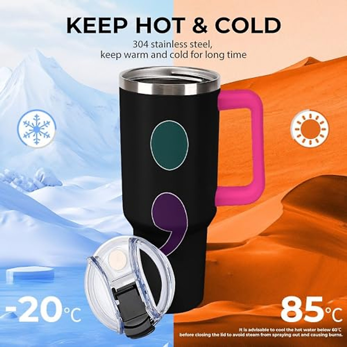 Semicolon Suicide Prevention 40 Oz Tumbler Insulated Stainless Steel Water Bottle Travel Mug Car Cup with Handle And Straw