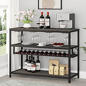 LVB Wine Rack Table, Liquor Bar Cabinet Freestanding Floor, Wooden Rustic Wine Storage with Wine Shelf and Glass Holder, Metal and Wood Modern Wine Cabinet for Home with Bottle Rack, Dark Gray Oak