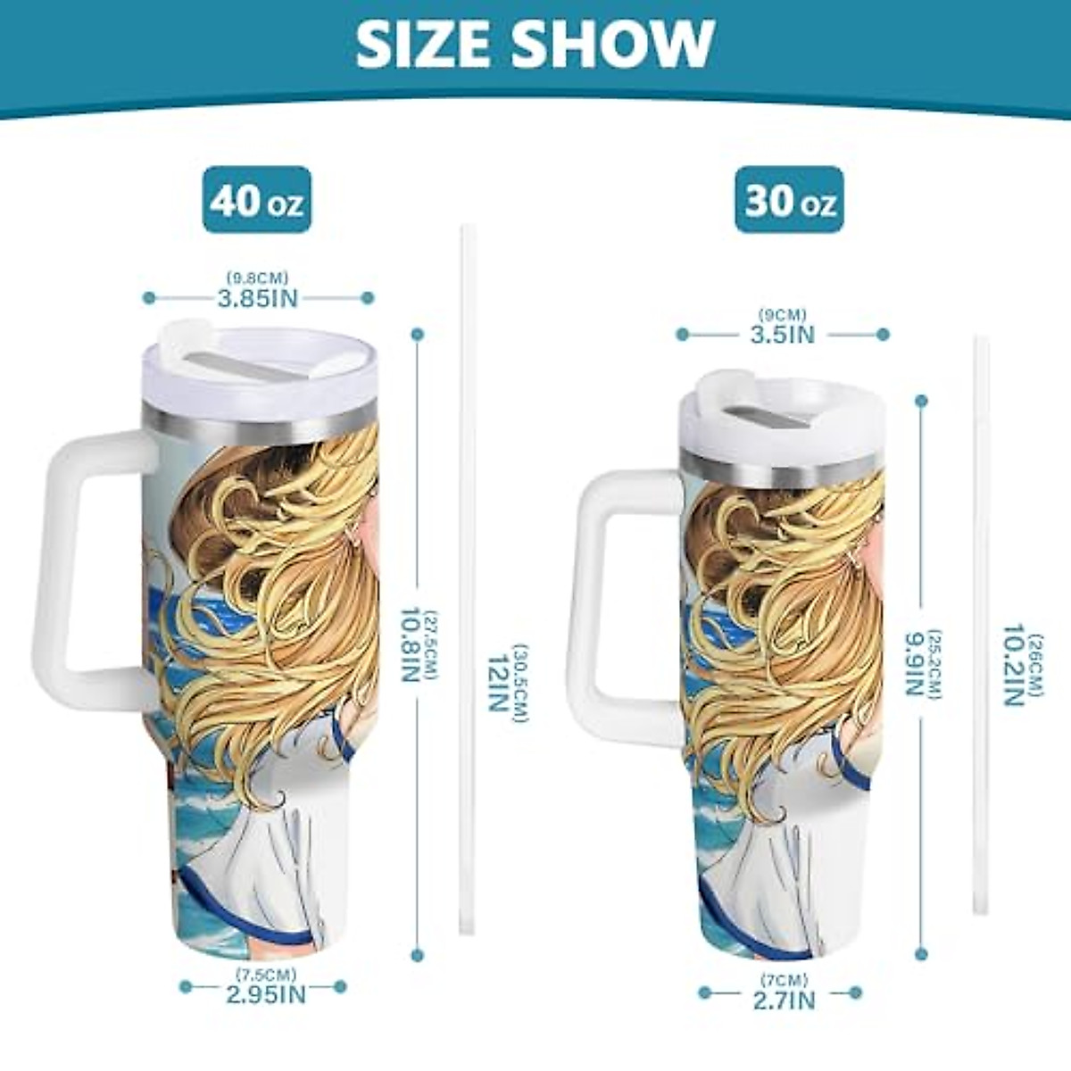 Nexawaveo Blonde Girl by Sea Tumbler With Handle And Straw 30-40oz Insulated Tumbler Cups With Lid Stainless Steel for Cold Water and Drinks for School Work Sports Car Travel and Weekends