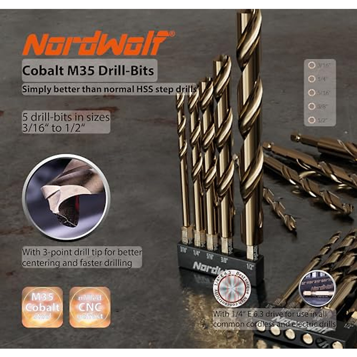 NordWolf 5-Piece M35 Cobalt Drill Bit Set for Stainless Steel, Hard Metals & Cast Iron, Jobber Length with 1/4" Hex Shank, SAE Sizes 3/16"-1/4"-5/16"-3/8"-1/2"