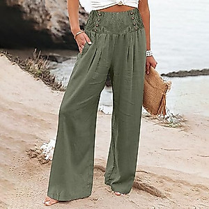 Women's Cotton Linen Pants Summer Button Trim High Waisted Wide Leg Pant Loose Dress Pant Trousers with Pocket Sweatpants Women Khaki Pants Y2k Pants Casual Pants Women Yoga Pants for Women