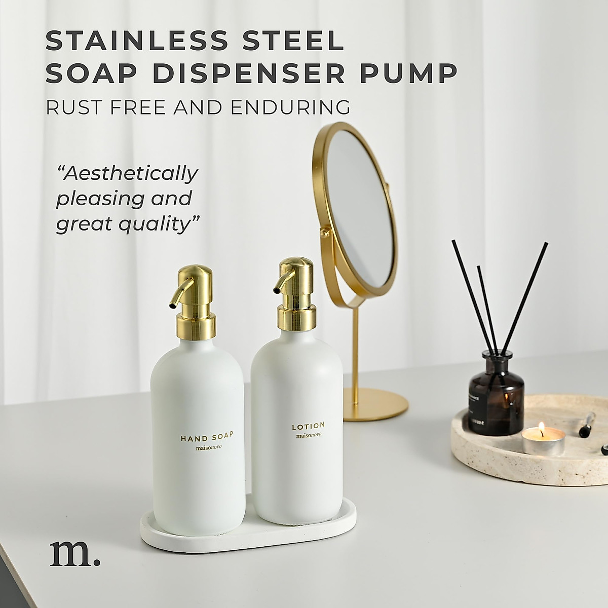 MaisoNovo Soap Dispenser 3-Piece Set | 16.9oz White Bottles with Gold Stainless Steel Pumps