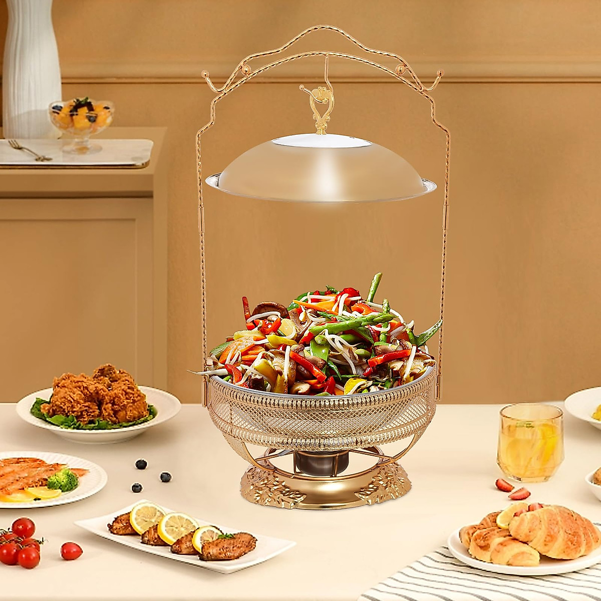 Round Chafers for Catering, Chafing Dish Buffet Set, Chafers and Buffet Warmers Sets with Hanging Cover for Parties, Events, Wedding, Camping, Dinner, 8.45QT, 201 Stainless Steel