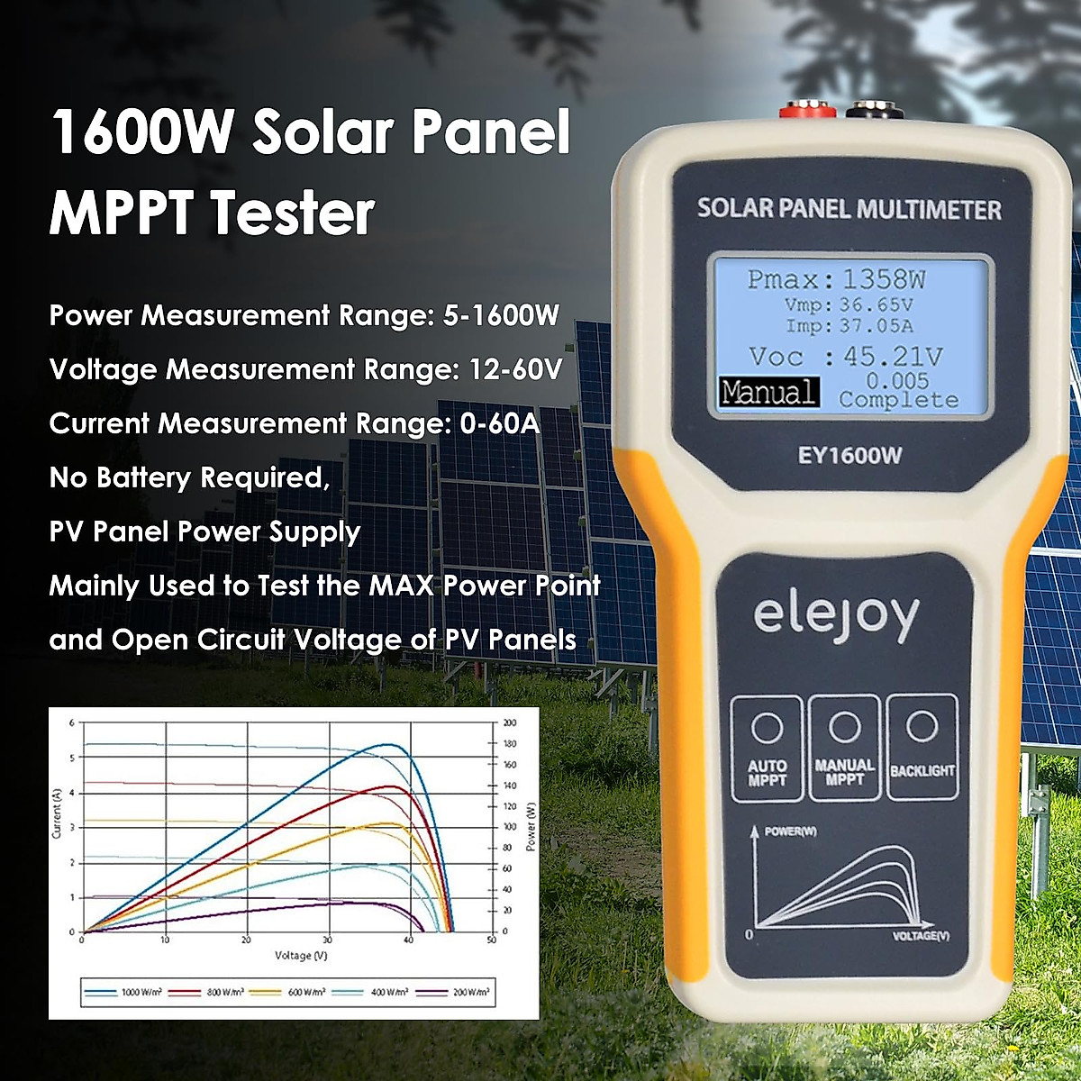 Solar Panel Tester, 1600W Photovoltaic Panel Multimeter Manual/Auto MPPT Tester with Backlight, Solar Panel Powered, LCD Multimeter for Measuring The MAX Power of Photovoltaic Panels, Voltage Tester