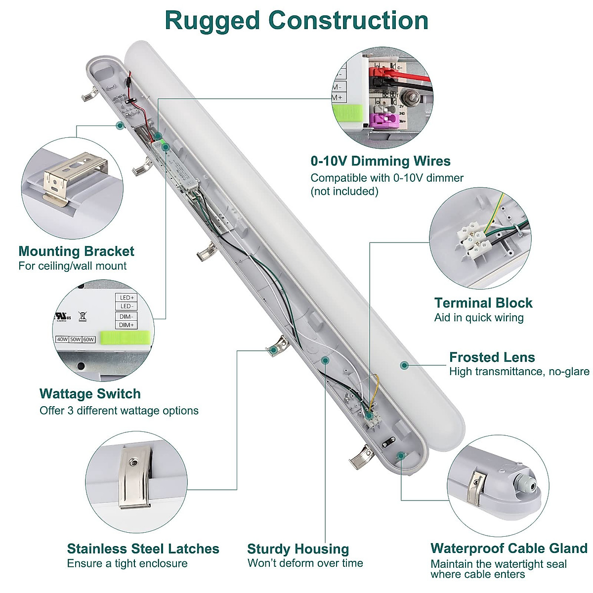 kadision 4ft LED Vapor Tight Light, 60W/50W/40W Wattage Selectable 7200lm 5000K 100-277V, 0-10V Dimmable Vapor Proof Lighting Fixture for Warehouses Car Washes, UL Listed 4-Pack