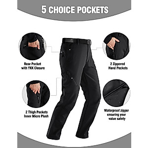 FREE SOLDIER Men's Fleece Lined Outdoor Cargo Hiking Pants Water Repellent Softshell Snow Ski Pants with Zipper Pockets (Black 34W x 30L)