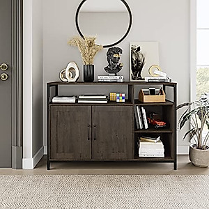 HITHOS Kitchen Wood Floor Cabinet, Accent Sideboard Buffet with Storage, Doors and Shelves, Industrial Living Room Dining Room Furniture, Dark Brown