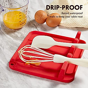 KITEXPERT Silicone Spoon Rest for Stove Top & Kitchen Counter - Non-Slip Utensil Rest with Drip Pad for Ladle, Spatula, Tongs and More Multifunctions - Heat Resistant Cooking Spoon Holder (Red)