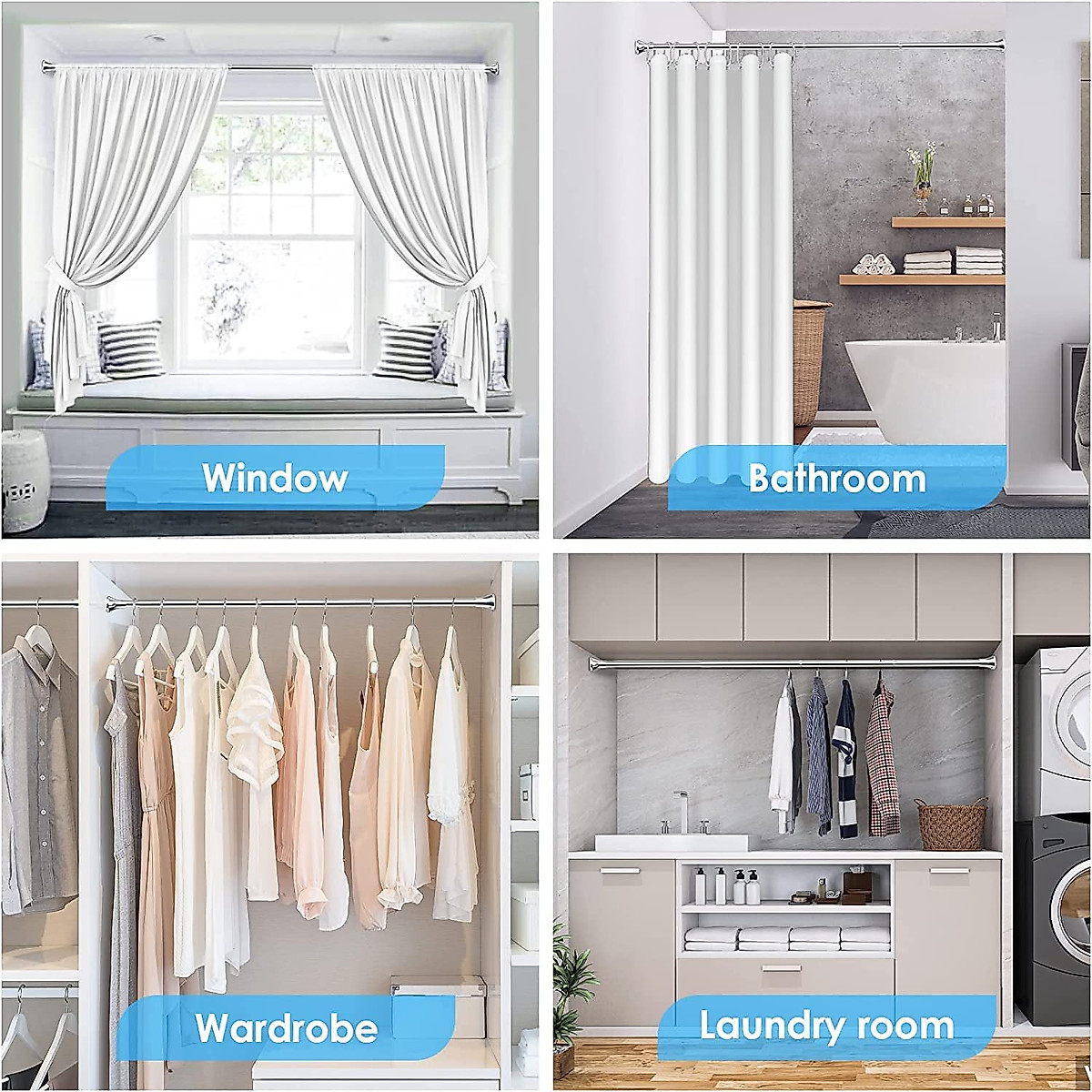 ZIPGLO Shower Curtain Rod 36-63 Inch Stainless Steel Shower Rod Never Rust Shower Curtain Tension Rod Shower Tension Rod Anti-Slip Shower Curtain Rods No Drilling Tension Shower Rods for Bathroom