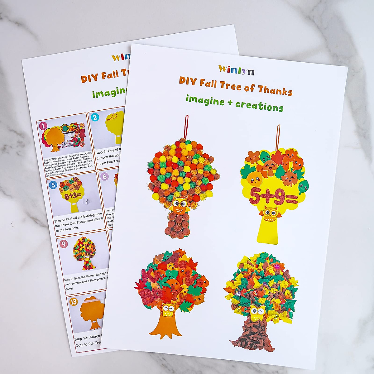 Winlyn 8 Sets Fall Crafts Kits Kids Fall Crafts Bulk Thanksgiving Crafts DIY Thankful Tree Art Sets Autumn Leaf Foam Stickers Pom-Poms Arts and Crafts for Kids Holiday School Classroom Activities