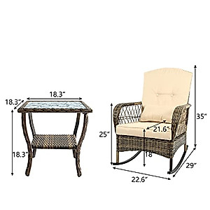 CIRMUBUY 3-Piece Patio Furniture Set,Outdoor Rocking Chairs Set of 2, Patio Conversation Set with 2 Wicker Chairs with Glass Coffee Table and Cushions for Garden,Porch,Backyard, Bistro (Beige)