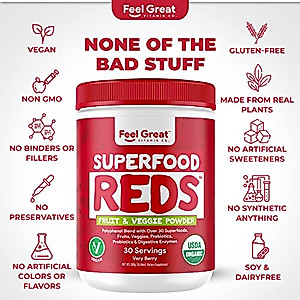 Superfood Reds Powder Fruit & Veggie Powder by Feel Great Vitamin Co. | Reds Superfood Powder with Beet Root Powder, Polyphenols, & Enzymes | Fruit Vegetable Supplements | Berry Flavor, (30 Servings)