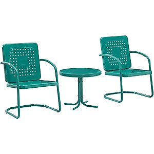 Crosley Furniture Bates 3-Piece Outdoor Chair and Side Table Set, Retro Metal Bistro Patio Conversation Sets, Turquoise Gloss