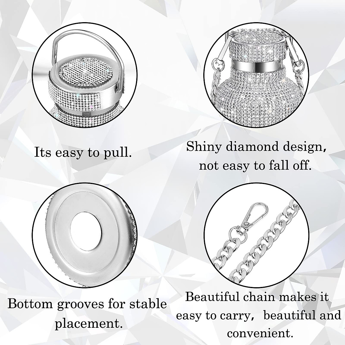 Diamond Water Bottle Bling Rhinestone Stainless Steel Thermal Bottle Refillable Water Bottle Insulated Water Bottle Glitter Water Bottle with Chain for Women Girls Gifts (Light Silver, 1000 ml)