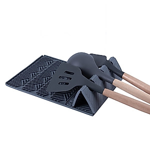 Silicone Utensil Rest - Spoon Rest with Drip Pad for Stove Top, Heat Resistant BPA Free Spoon Holder for Spatula, Brush, Fork - Multifunctional & Foldable Silicone Dish Drying Mat for Kitchen Counter