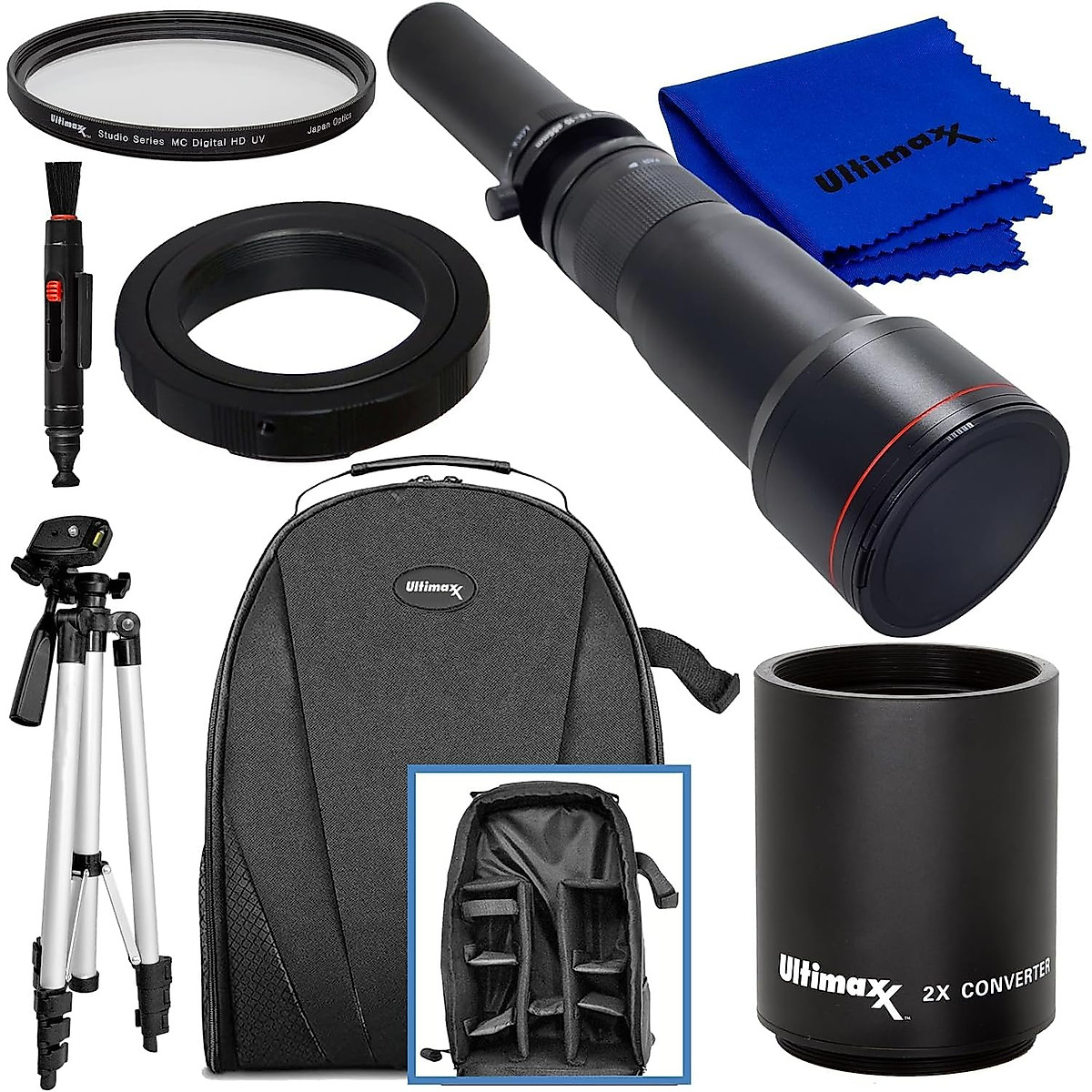 Ultimaxx 650-1300mm (w/ 2X- 1300-2600mm) Telephoto Zoom Lens Kit for Canon EOS 7D, 6D, 5D, 5Ds, 1Ds, 80D, 77D, 70D, 60D, 60Da, 40D, T7s, T7i, T6s, T6i, T6, T5i, T5, T4i, T3i, SL2, SL1
