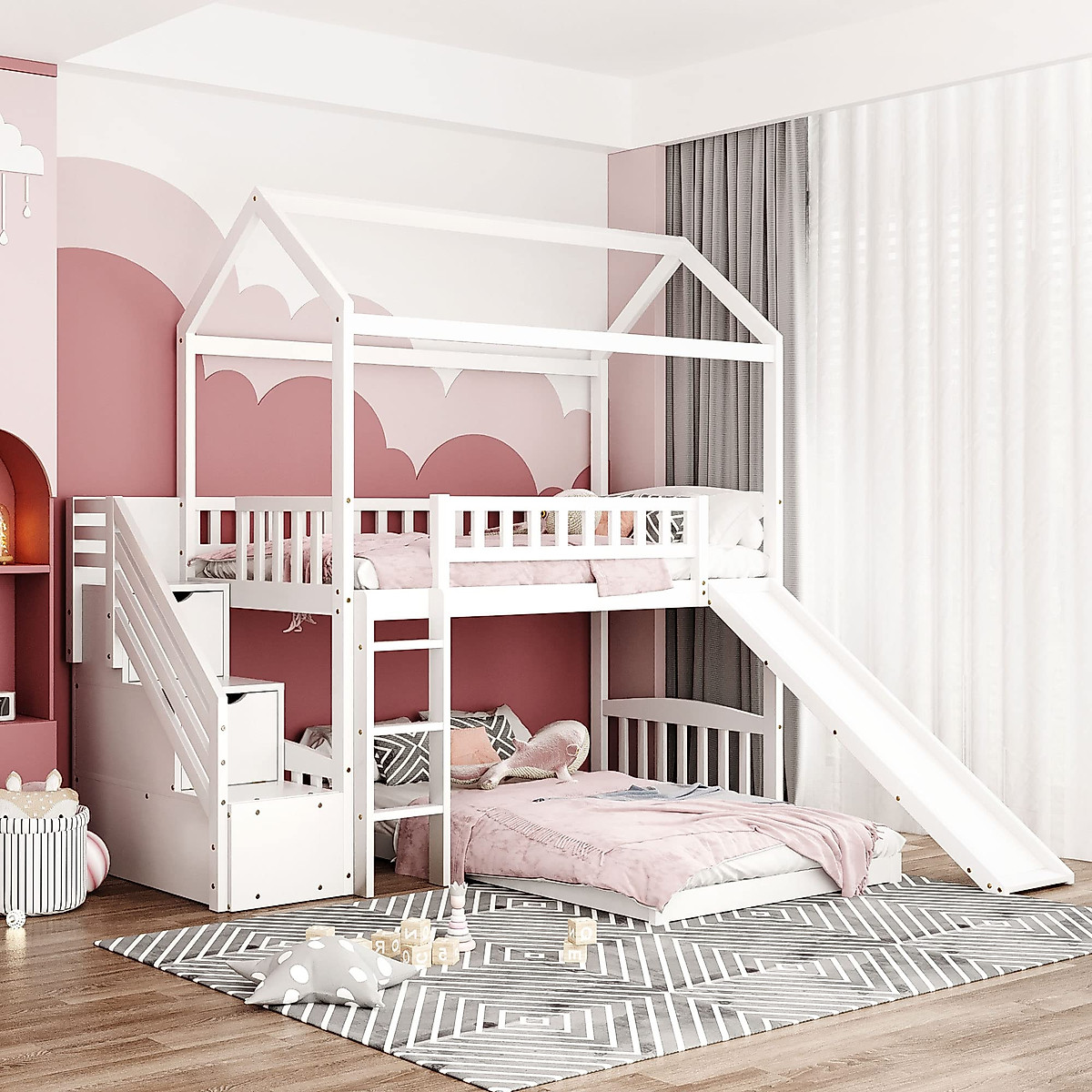 Twin Over Twin Bunk Bed with Slide, House Bunk Bed with Storage Stairs, Wooden Floor Bunk Bed with Roof and Security Guardrails, L Shaped House Bunk Bed for Kids Teens Boys Girls,White