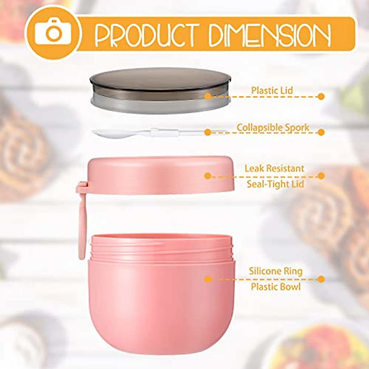 Sunnyray Overnight Oats Container with Lids and Spoons 21 oz Plastic Portable Leak Proof Large Capacity Dessert Cups Cereal Yogurt Container for School student Breakfast (Pink)