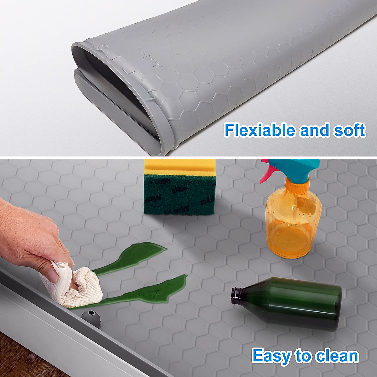 AECHY Under Sink Mat, 34" x 22" Silicone Under Sink Liner, Under Kitchen Sink Mat with Unique Drain Hole Design, Waterproof & Flexible Sink Mats for Kitchen, Bathroom and Laundry Room Gray