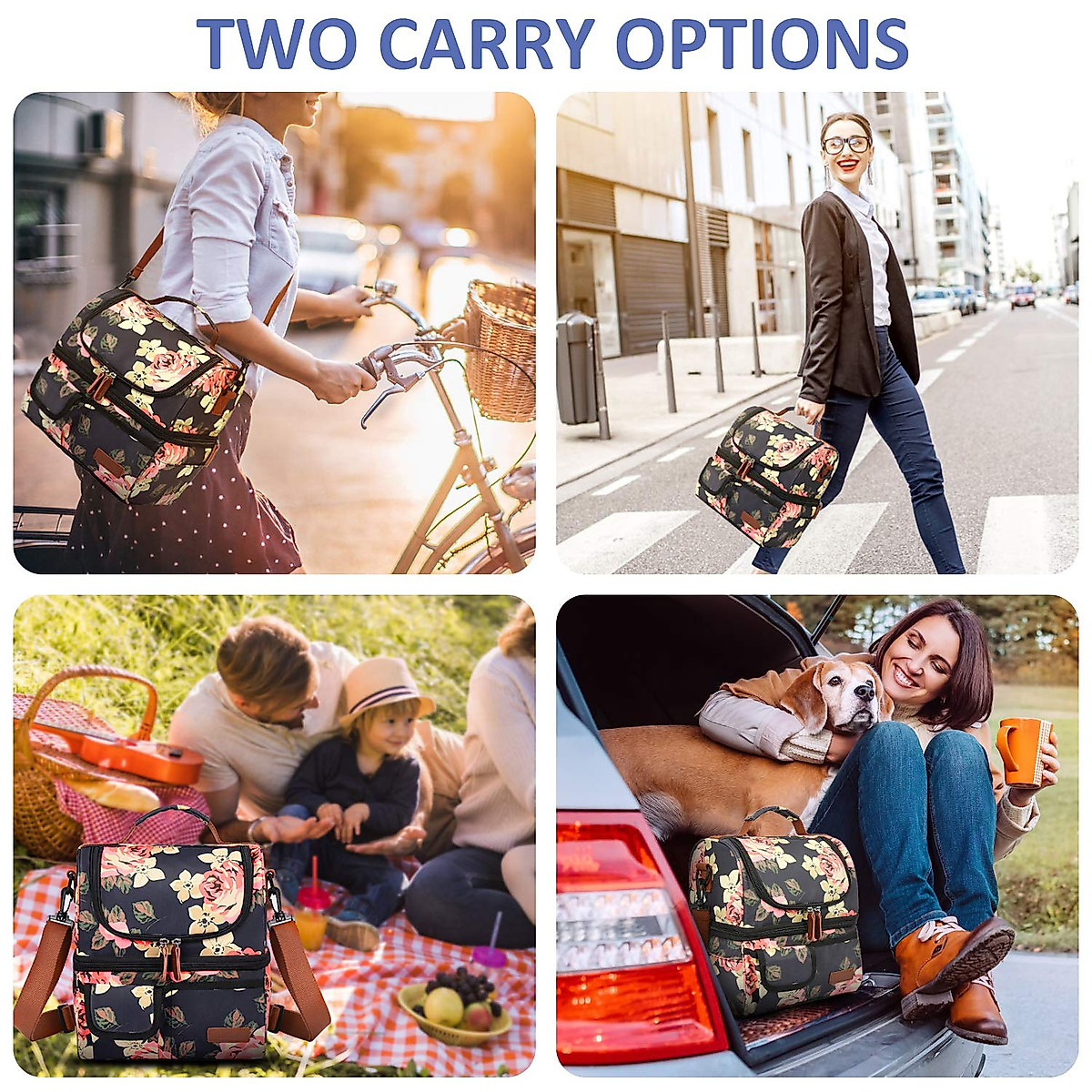 LOKASS Lunch Bag Women Double Deck Insulated Lunch Box Large Cooler Tote Bag with Removable Shoulder Strap Wide Open Thermal Meal Prep Lunch Organizer Box for Adults Work/College/Outdoor, Black Peony