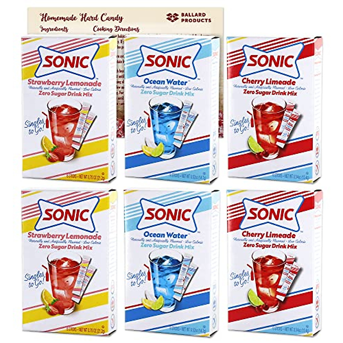 Sonic Singles to Go Variety Pack of 6-2 Boxes Each - Cherry Limeade, Strawberry Lemonade and Ocean Water - Bundle with Ballard Products Hard Candy Recipe Card