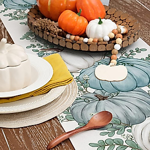 GEEORY Fall Table Runner, 13x72 Inch Pumpkins Eucalyptus Leaves Farmhouse Decor Table Decoration for Kitchen Dinning, Indoor Outdoor Dinner Party (Blue Pumpkins) GT110-72