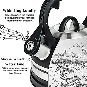 Kanmart Whistling Tea Kettle: 2.5 Quart Premium Stainless Steel Kettle with Capsule Bottom & Anti-Hot Ergonomic Handle, Tea Pot for Stove Top Gas Electric Applicable - Black