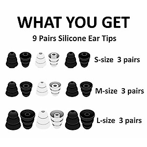 A-Focus 9 Pairs Noise Isolation Triple Three Flange Ear Tips Buds Plugs Gels Bud with 4mm Inner Hole for Inside Diameter 4mm-4.8mm Earbuds in-Ear Earphones, S/M/L Black White