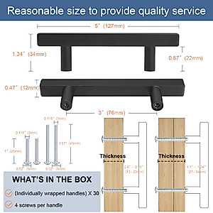 AEEKEL 30 Pack Square Cabinet Handles Matte Black Drawer Pulls 5" Length, 3" Hole Center Kitchen Handles for Cabinets Pulls, Stainless Steel Cabinet Hardware for Bedroom Bathroom Office