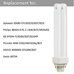 SATZOL 2700K G24Q-2 PLC-18W 827 4 Pin Base Compact Fluorescent Light Bulb, Replacement for Sylvania 20683 and Philips 38329-9 - PL-C 18W/827/4P/ALTO, GE97594 and Satco S6734 (Warm White 2700K)