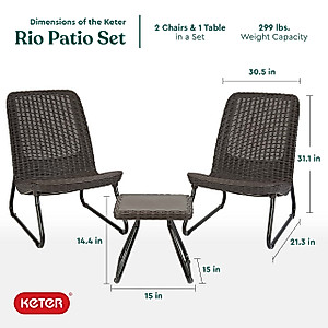 Keter Rio 3 Piece Resin Wicker Patio Furniture Set with Side Table and Outdoor Chairs, Brown