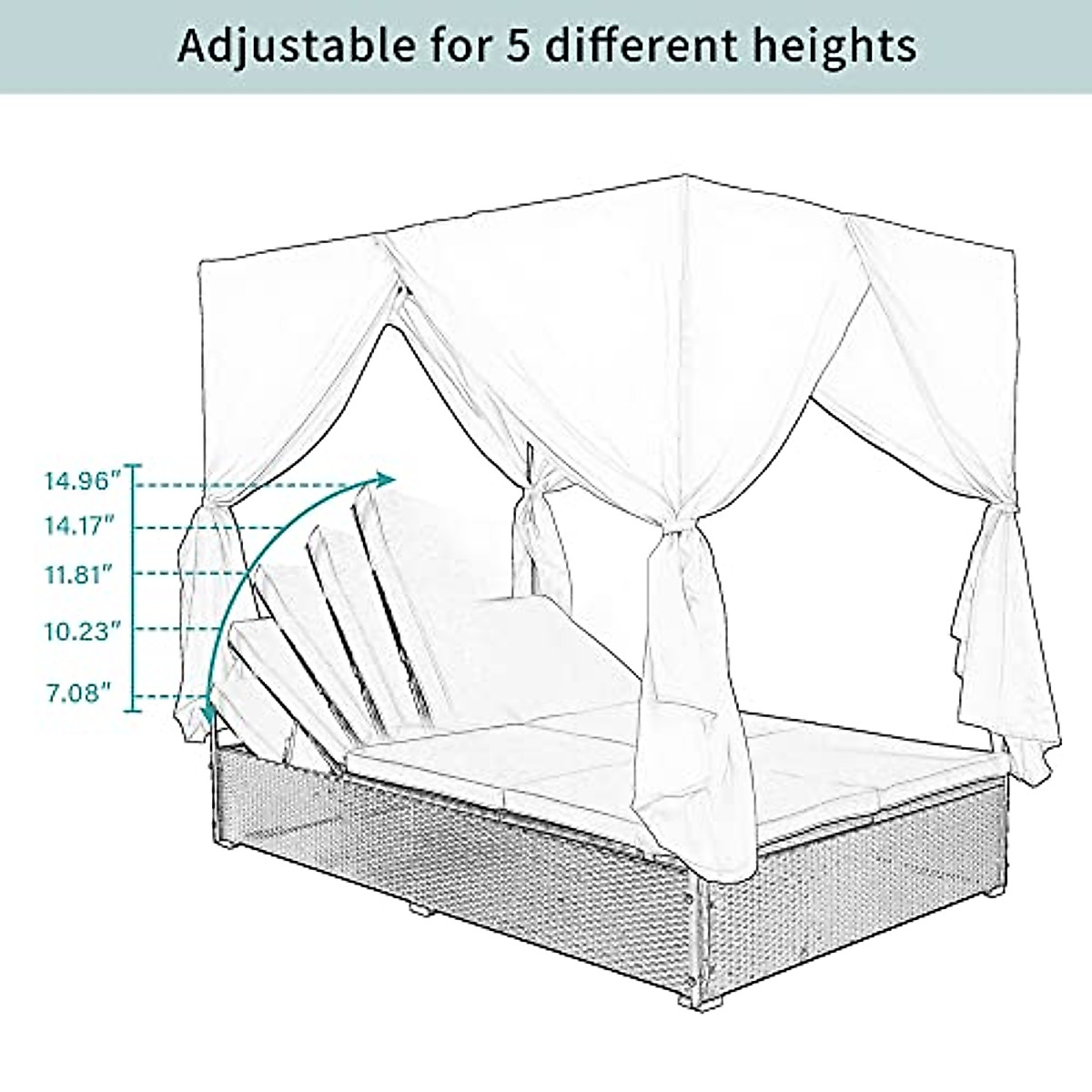 XD Designs Outdoor Patio Wicker Sunbed Daybed with Side and Overhead Curtains, UV-Proof Resin PE Rattan Adjustable Seats for Balcony Garden Backyard Poolside (Blue-1)