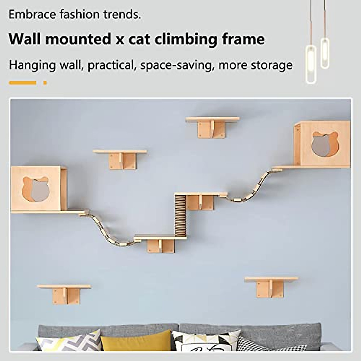 Cat Wall Shelves, Cat Wall Furniture, Cat Shelves and Perches for Wall, Cat Wall Steps Set with 2 Cat Condos House, 6 Cat Wall Shelves, 2Ladder, 1 Sisal Cat Scratching Post