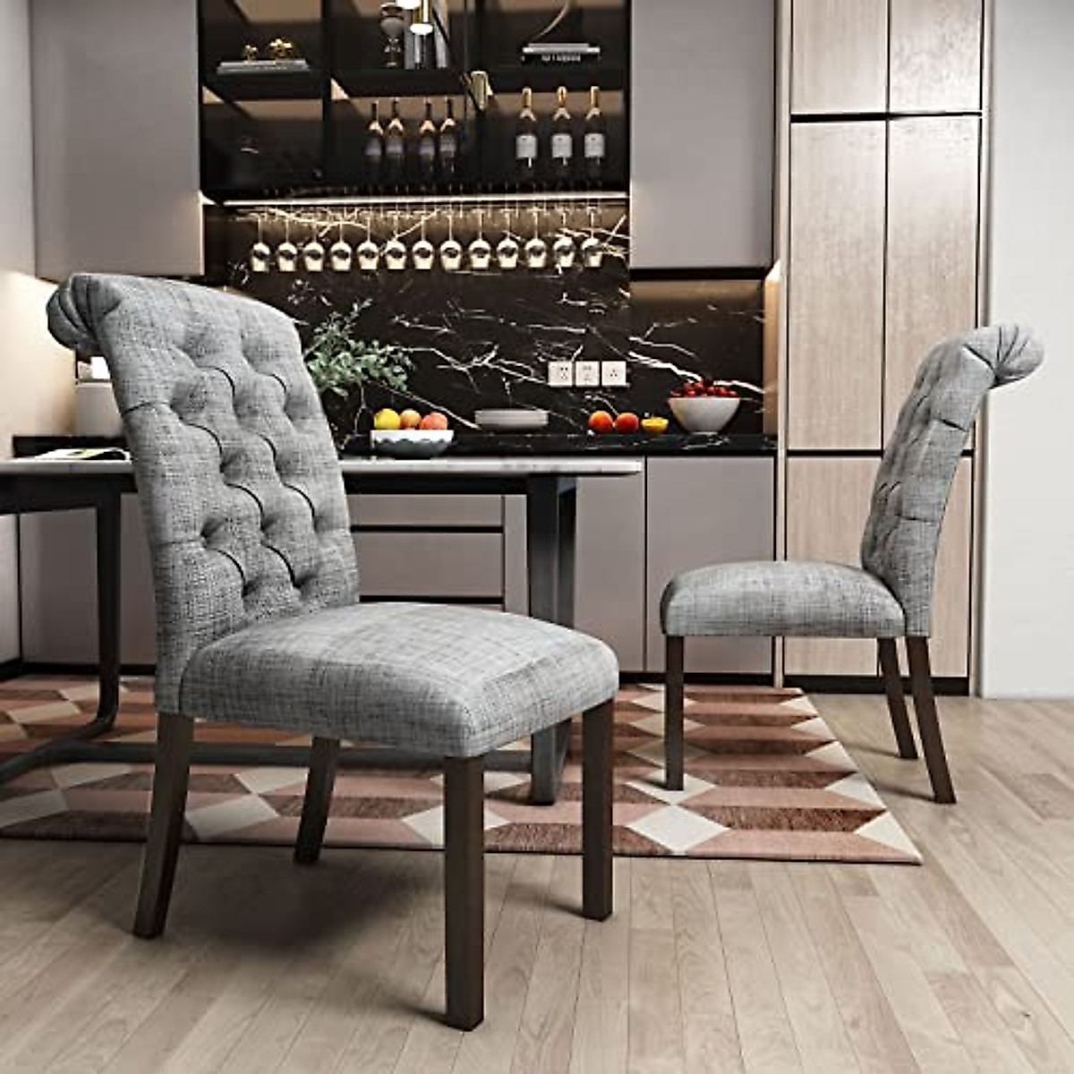 GNIXUU Set of 2 Upholstered Dining Chairs Soft Padded Button Tufted High Back Chairs with Wooden Legs,Easy Assembly. (Grey)