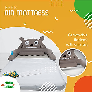 Inflatable Air Mattress Kids Blow Up Bed (Queen Size) – Offers Removable Cartoon Bear Backrest, Cup Holders, Bag, and Electric Pump – Indoor/Outdoor Fun for Travel, Sleepover, Camping, and Movie Night
