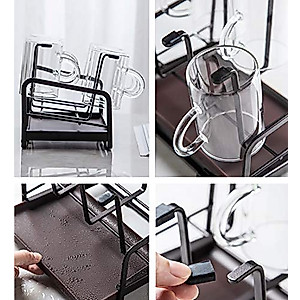 YEAVS Cup Drying Rack with Drain Tray, Bottle Drying Rack Stand with 6 Hooks, Mug Organizer, Brown