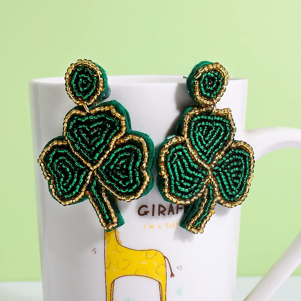 St Patricks Day Earrings Dangling Beaded Green Shamrock Earrings Handmade Lucky Clover Beer Glass Leprechaun Teardrop Drop Dangle Earrings Funny Irish Holiday Jewelry Gift for Women