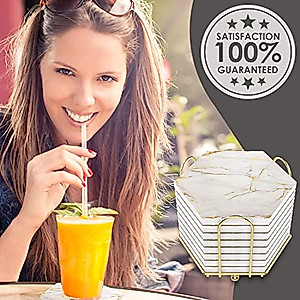 8 PC Coasters for Drinks Absorbent With Holder | Marble Design Ceramic Coaster Set | Super Absorbent Hot and Cold Drink Coasters | Table Coasters With Cork Bottom | Cup Coasters for Living Room + More