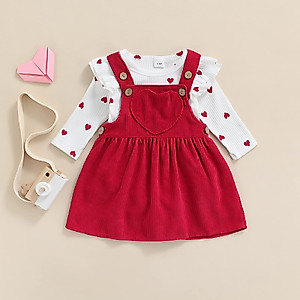 RSRZRCJ Newborn Baby Girl Valentines Day Outfit Long Sleeve Heart Print Bodysuit Romper Top Suspender Overall Skirt 2PCS Set (Ruffle White+Red, 12-18 Months)